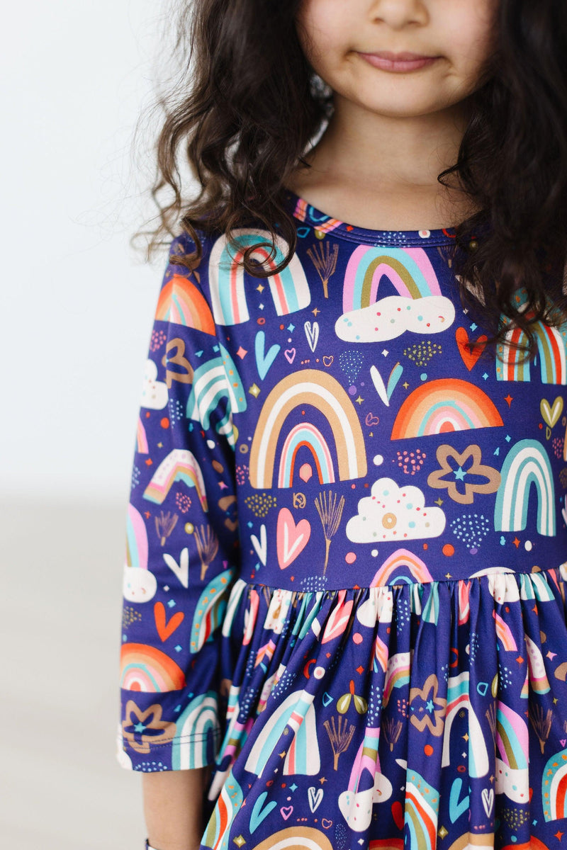 MIDNIGHT RAINBOW 3/4 SLEEVE POCKET TWIRL DRESS – MiMi Kids