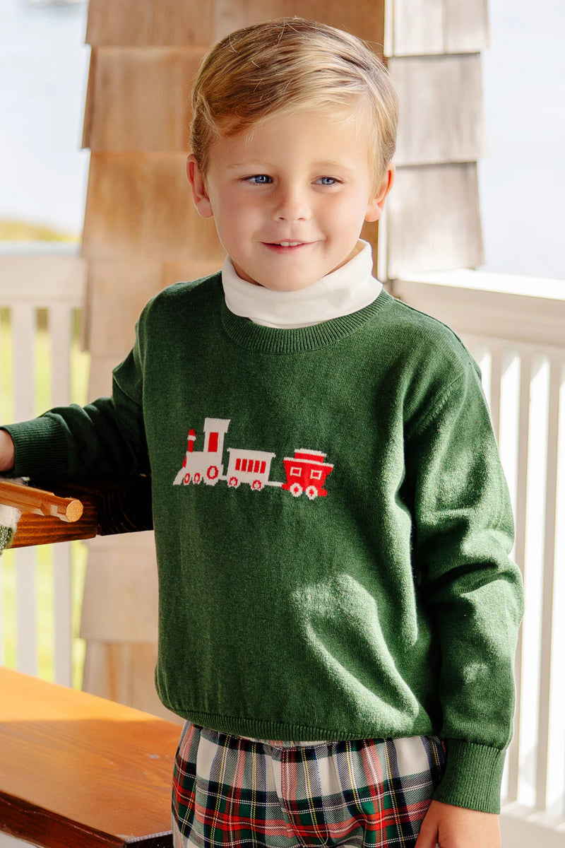 ISAAC'S INTARSIA SWEATER - GRIER GREEN WITH TRAIN INTARSIA – MiMi Kids